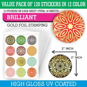 Mandala Gold Foil Stickers - (Pack of 120) 2" Large Round Labels for Christmas Happy Holidays New Year Birthday Cards Gift Boxes Envelope Seals