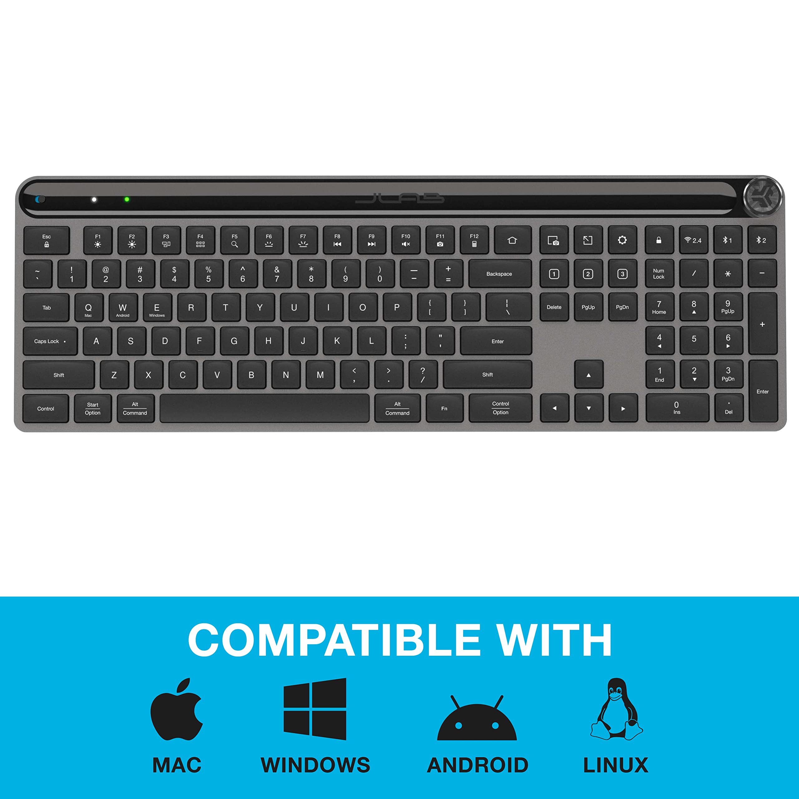 JLab Epic Wireless Keyboard, Black, 108 Keys, Connect Via Bluetooth or USB Wireless Dongle, Multi-Device Toggle, Soft Touch Keys, Smart Media Knob, Custom User Profiles, Rechargeable (1 Pack)