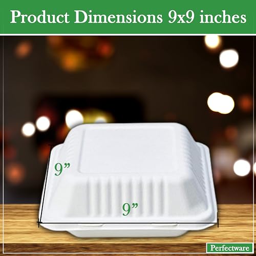 Perfectware 100% Compostable 3 Comp Take Out Food Containers 9x9". 25 Containers, Natural Disposable Bagasse, Eco-Friendly Biodegradable Made of Sugar Cane, Green (PW3comptbagasse-25ct)