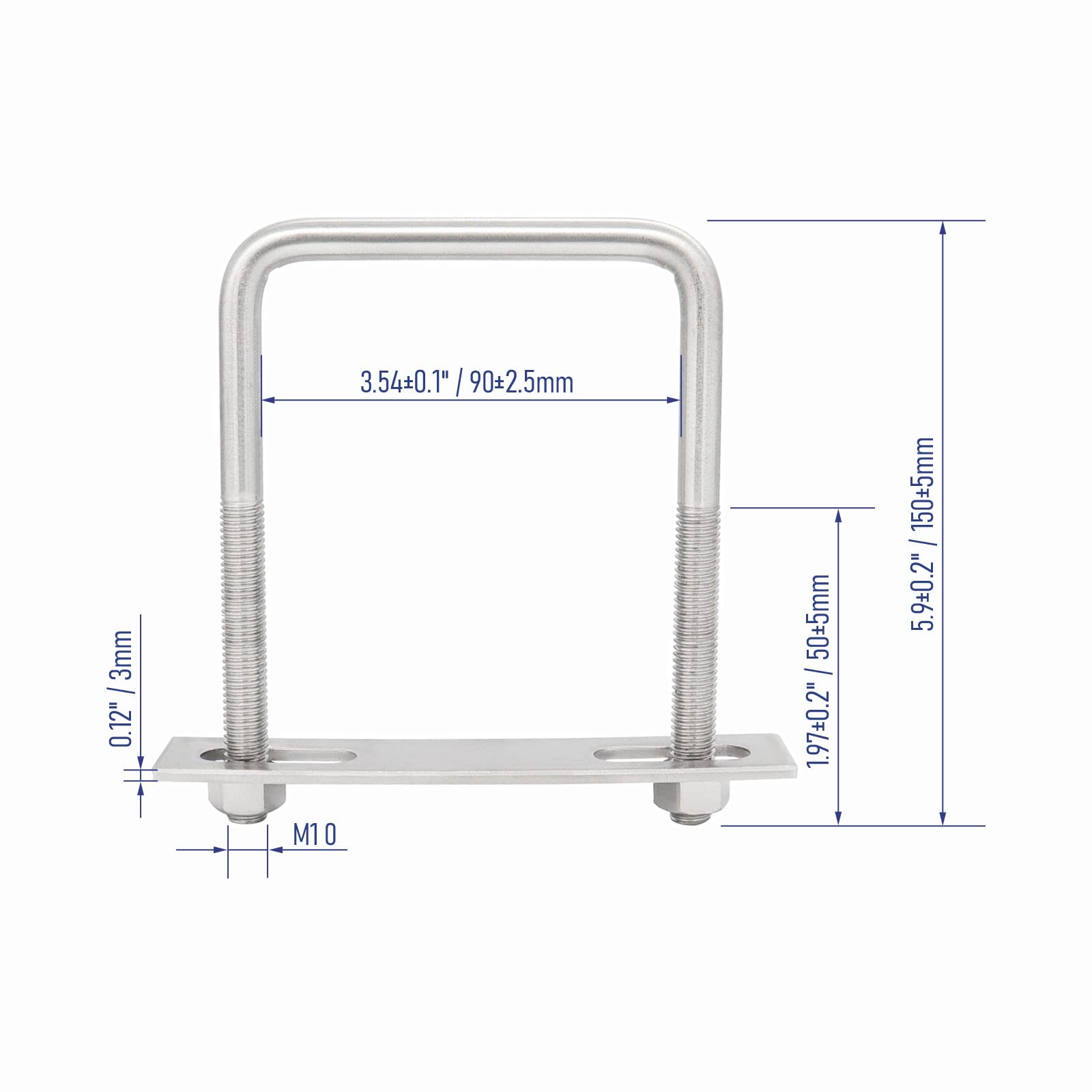 FOCMKEAS 304 Stainless Steel Square U-Bolts 3.54"(90mm) Inner Width, 5.91"(150mm) Length Stainless M10 with Nuts, Frame Plate, Accessories for Automobiles Trailer, Boat Trailer Industrial Parts