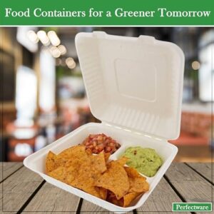 Perfectware 100% Compostable 3 Comp Take Out Food Containers 9x9". 25 Containers, Natural Disposable Bagasse, Eco-Friendly Biodegradable Made of Sugar Cane, Green (PW3comptbagasse-25ct)