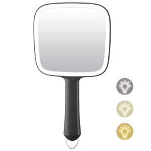 hand mirror with 3 light color & dimmable, 6.2'' x 5.9'' lighted handheld mirror, lightweight & durable, portable & hangable for makeup application, hair styling, shaving or travel, battery operated