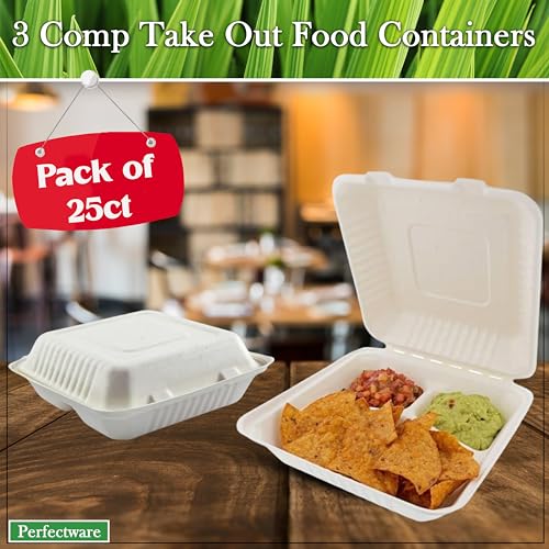 Perfectware 100% Compostable 3 Comp Take Out Food Containers 9x9". 25 Containers, Natural Disposable Bagasse, Eco-Friendly Biodegradable Made of Sugar Cane, Green (PW3comptbagasse-25ct)