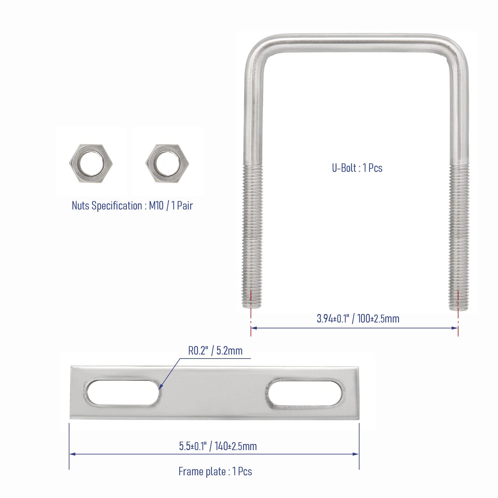 FOCMKEAS 304 Stainless Steel Square U-Bolts 3.54"(90mm) Inner Width, 5.91"(150mm) Length Stainless M10 with Nuts, Frame Plate, Accessories for Automobiles Trailer, Boat Trailer Industrial Parts