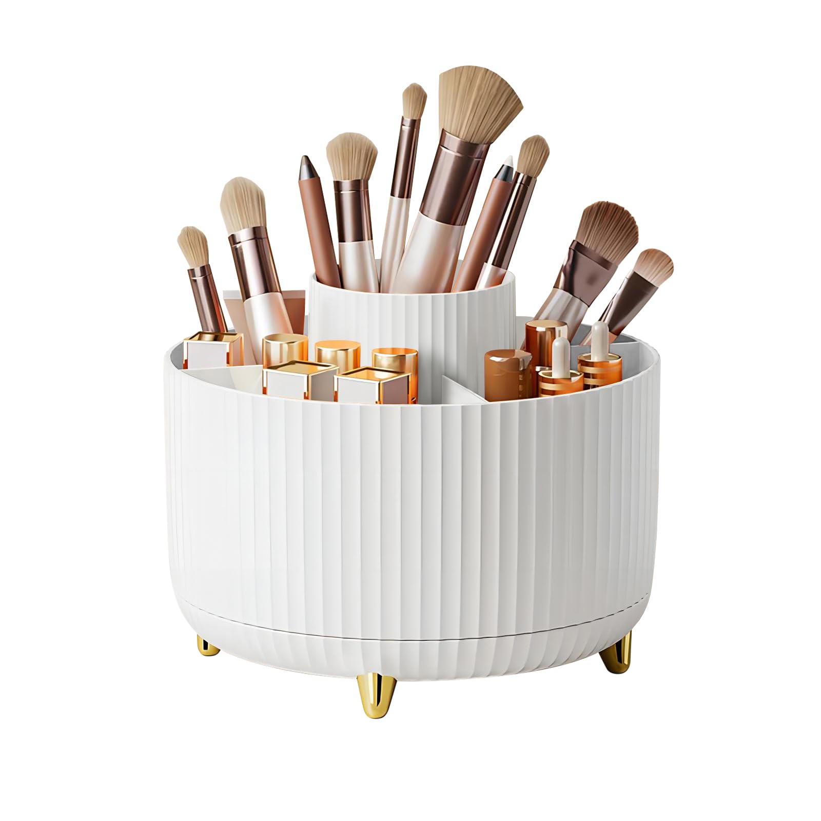 DASITON Large Capacity Makeup Brush Holder,360° Rotating Makeup Organizer,5 Slot Makeup Brushes Cup,for Vanity Decor,Bathroom Countertops,Desk Storage Container,Cosmetic Display cases(White)