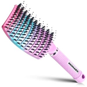 ekonaer detangling brush boar bristles hair brush for adult & kids wet or dry hair,curved and vented detangler brush - adds shine and makes hair smooth(pink)