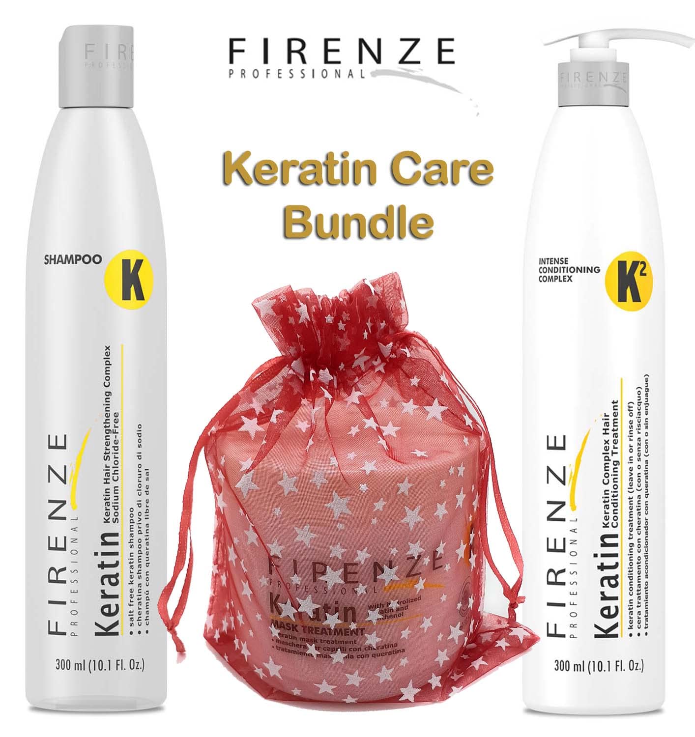 Firenze Professional Keratin Care Bundle - Keratin Shampoo, Intense Conditioner and Keratin Mask Treatment Pack with Free Red Gift Bag