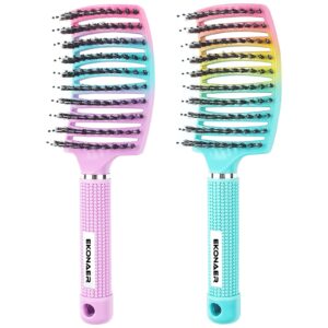 2 pack detangling brush getting knots out without pain adds shine and makes hair smooth,detangler boar bristle hair brush for adult & kids wet or dry hair(green&pink)