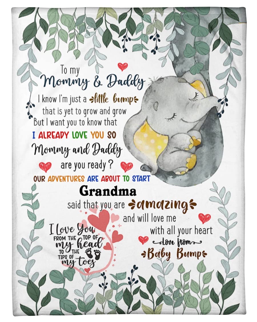 Personalized Blanket for Time to Be Mom Dad I Know I'm Just A Little Bump Yellow Elephant Custom Name Gifts for Pregnancy from Baby Boy for Christmas Fleece Sherpa Blanket