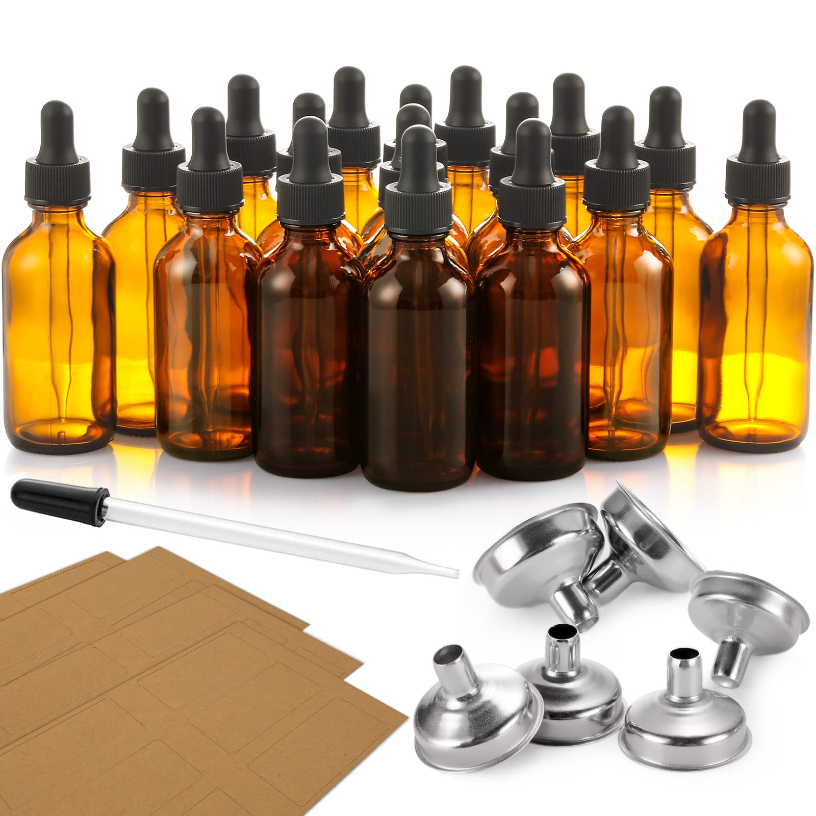 24 Pcs, 2 oz Dark Amber Dropper Bottles with 6 Small Funnels & 1 Long Glass Labels - 60ml Tincture Bottles w/ Eye Dropper for Essential Oils, Perfume, Hair Oil, Liquids - Leak Proof Travel Bottles