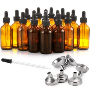 24 pcs, 2 oz dark amber dropper bottles with 6 small funnels & 1 long glass labels - 60ml tincture bottles w/ eye dropper for essential oils, perfume, hair oil, liquids - leak proof travel bottles