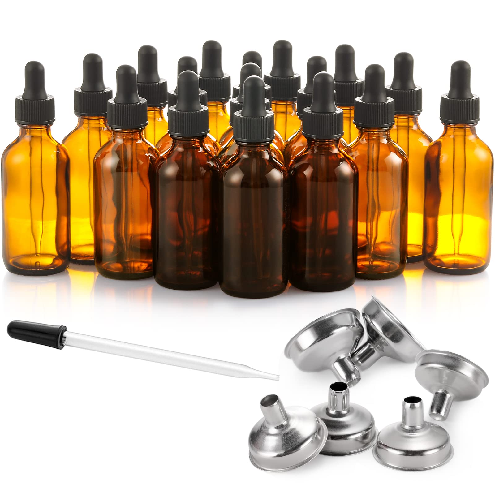 24 Pcs, 2 oz Dark Amber Dropper Bottles with 6 Small Funnels & 1 Long Glass Labels - 60ml Tincture Bottles w/ Eye Dropper for Essential Oils, Perfume, Hair Oil, Liquids - Leak Proof Travel Bottles