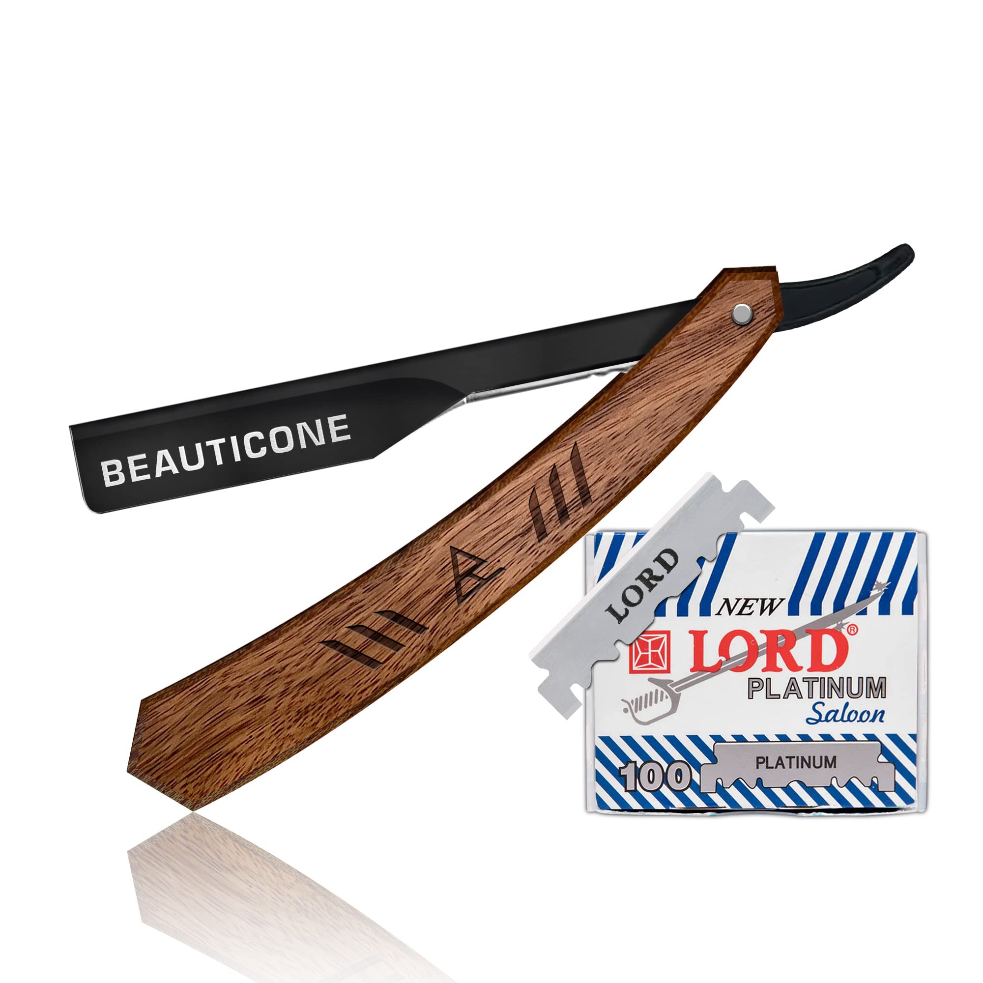 BEAUTICONE Straight Razor | Professional Barber Rose Wooden Razor with Black blade holder for men with 100 Single Edge Blades │slide-out design