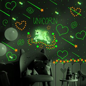 glow in the dark stars for ceiling, 640 pcs glowing unicorn stickers for ceiling decor, colorful wall decals decor for kids girls boys bedroom