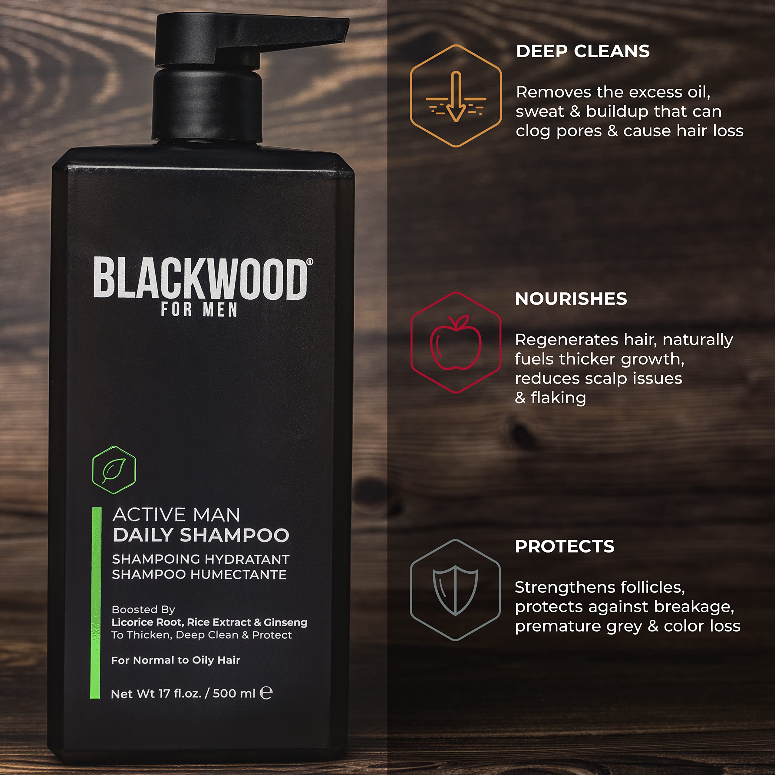 BLACKWOOD FOR MEN Active Man Daily Shampoo - Thickening & Clarifying Shampoo for Normal to Oily Hair or Scalp - Fights Hair Loss - Natural Vegan Formula - Sulfate Free with Ginseng & Aloe Vera (17oz)