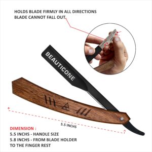 BEAUTICONE Straight Razor | Professional Barber Rose Wooden Razor with Black blade holder for men with 100 Single Edge Blades │slide-out design