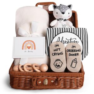 iaovueby baby shower gifts, baby gifts for girls boys, unique baby gifts basket essentials stuffs - baby lovey blanket newborn bibs socks wooden rattle & greeting card, newborn baby gift set