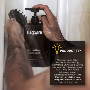 BLACKWOOD FOR MEN Active Man Daily Shampoo - Thickening & Clarifying Shampoo for Normal to Oily Hair or Scalp - Fights Hair Loss - Natural Vegan Formula - Sulfate Free with Ginseng & Aloe Vera (17oz)