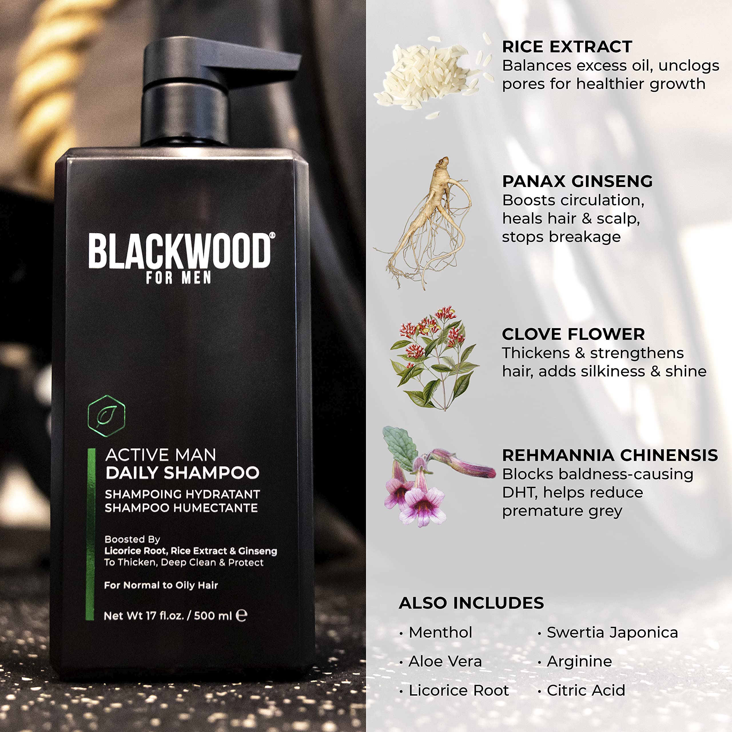 BLACKWOOD FOR MEN Active Man Daily Shampoo - Thickening & Clarifying Shampoo for Normal to Oily Hair or Scalp - Fights Hair Loss - Natural Vegan Formula - Sulfate Free with Ginseng & Aloe Vera (17oz)