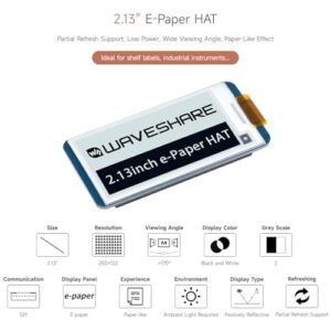 Waveshare 2.13inch E-Paper Display HAT Compatible with Raspberry Pi 5/4B/3B/Zero/Zero W/Zero 2W/Pico/Pico W/Pico WH/Jetson Nano, 250x122 Resolution Black/White Dual-Color