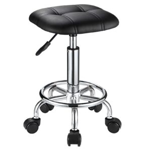 fnzir square pu cushion rolling stool with wheels height adjustable swivel stools office chair black