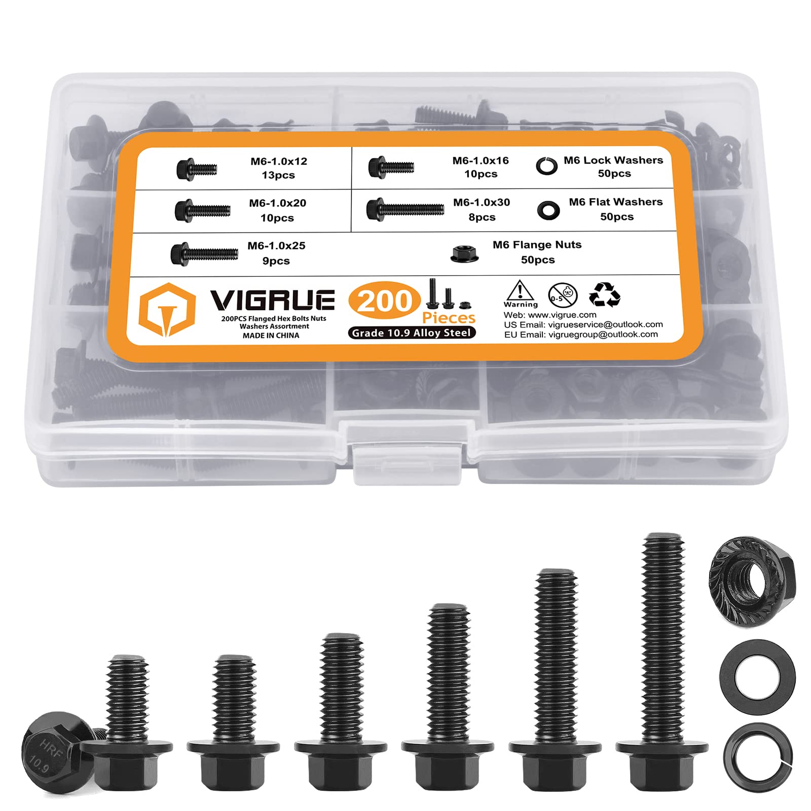 Black Bolts and Nuts Washers Kit, Hex Flange Bolt Assortment, Full Coarse Thread