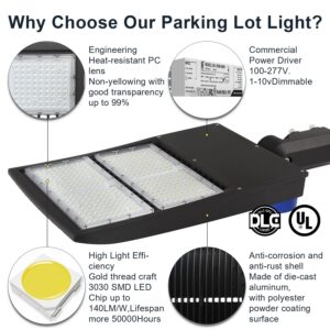 300W LED Parking Lot Light with Dusk to Dawn Photocell 42000LM 5000K 1-10V Dimmable LED Shoebox Area Light (1000W HID/HPS Equivalent), Direct Arm Mount 100-277V AC IP65, UL&DLC Listed