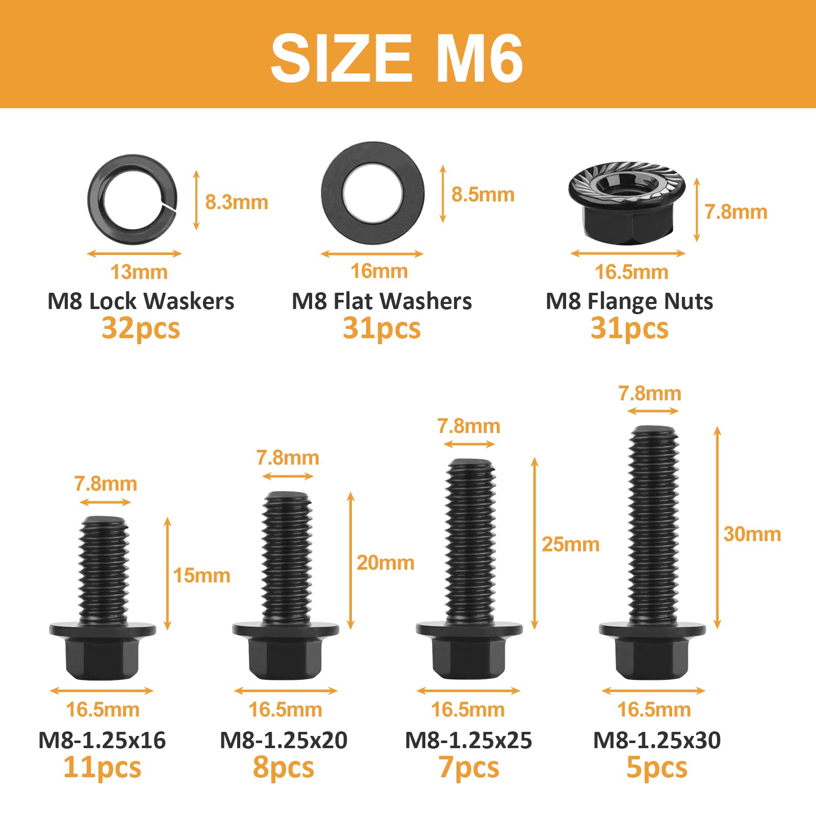 M6 Screws and M8-1.25 Hex Flange Bolts Kit Black