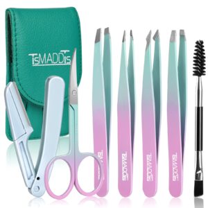 tsmaddts eyebrow tweezer set, 7 pcs tweezers set for women, precision tweezer for eyebrows with curved scissors and eyebrow razor for ingrown hair