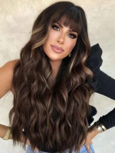 aisi queens brown wig with bangs for women long wavy hair wig brown highlight wig curly wavy synthetic wigs for girls daily party use