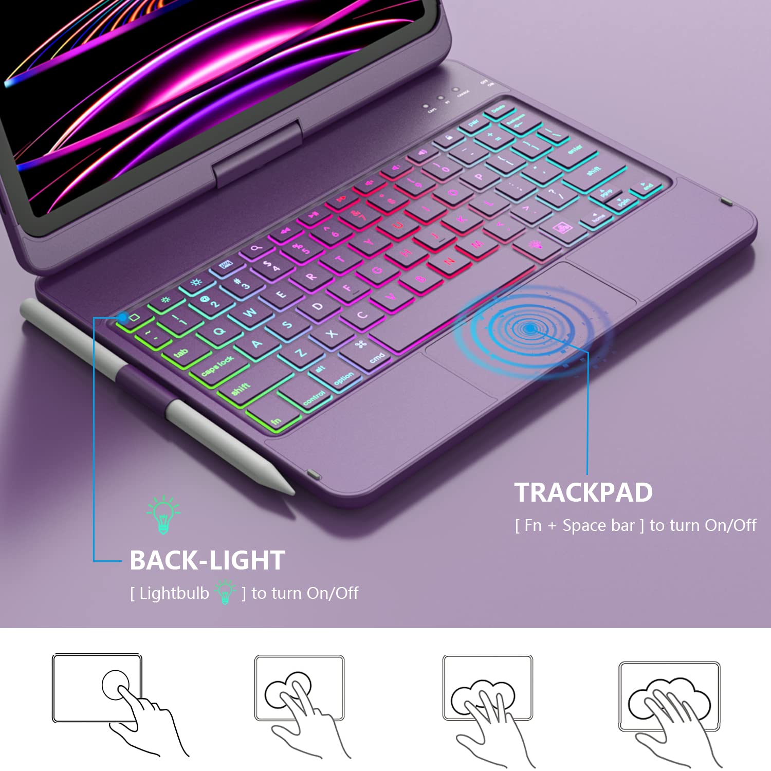 iPad Pro 11 inch Case with Keyboard, iPad Air 5/Air 4 10.9 inch Keyboard Case with Trackpad, Keyboard Case for iPad Air 5/Air 4 and iPad Pro 1-4 Gen, Backlit 10 Color & 360 Screen Rotation -Purple