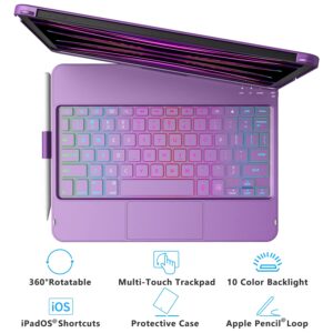 iPad Pro 11 inch Case with Keyboard, iPad Air 5/Air 4 10.9 inch Keyboard Case with Trackpad, Keyboard Case for iPad Air 5/Air 4 and iPad Pro 1-4 Gen, Backlit 10 Color & 360 Screen Rotation -Purple