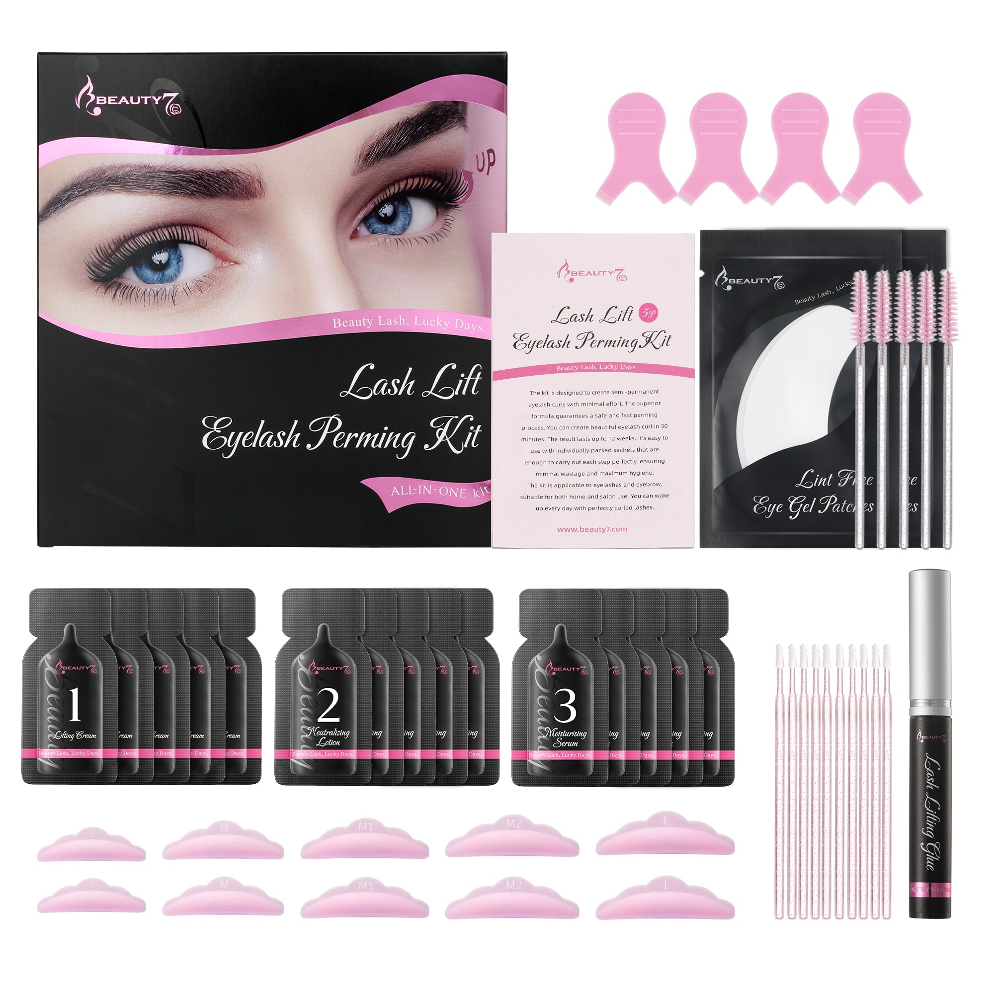 Beauty7 Upgraded Lash Lift Kit Eyelash Extension Kit Lash Perm Kit Eyelash Lifting Lash Curling Semi-Permanent Curling Perming Wave Professional Salon at Home (Lash Kit 5 Packs)