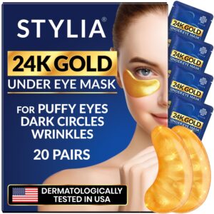 stylia under eye patches for puffy eyes and dark circles (20 pairs), 24k gold eye mask, face eye mask skincare, eye care for wrinkles and puffiness, collagen under eye masks, moisturizing eye gel pads