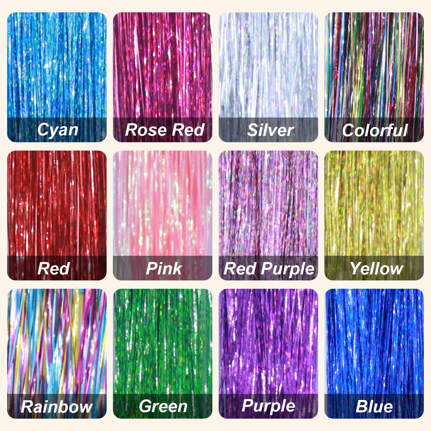 Waysear 12 Colors Hair Tinsel for Girls, 47 Inches Hair Tinsel Kit with Tool, 2400 Strands Tinsel Hair Extensions for Women, Fairy Hair Tinsel Glitter Sparkling Shiny Hair for Christmas Party