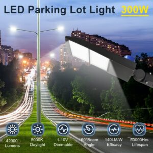 300W LED Parking Lot Light with Dusk to Dawn Photocell 42000LM 5000K 1-10V Dimmable LED Shoebox Area Light (1000W HID/HPS Equivalent), Direct Arm Mount 100-277V AC IP65, UL&DLC Listed