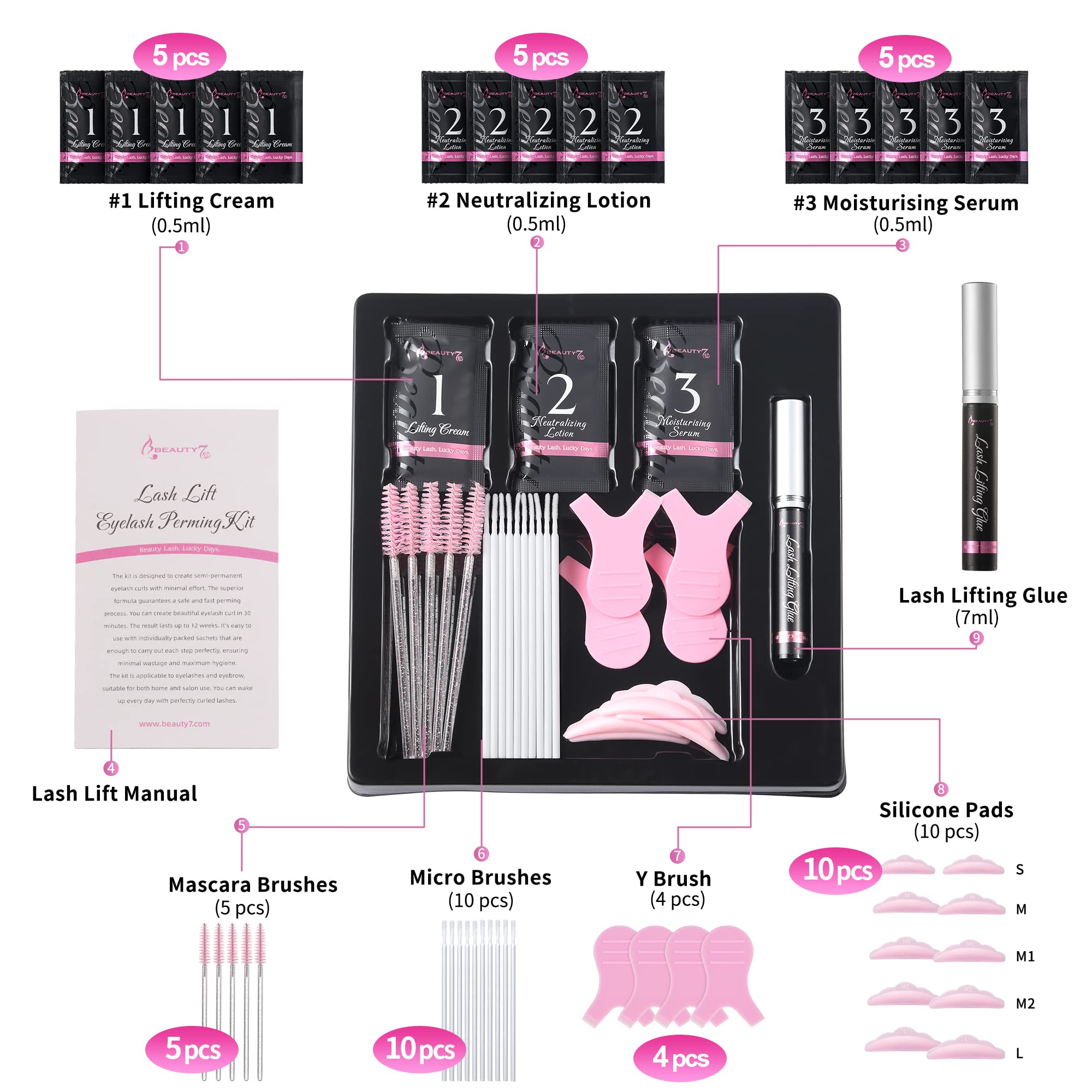 Beauty7 Upgraded Lash Lift Kit Eyelash Extension Kit Lash Perm Kit Eyelash Lifting Lash Curling Semi-Permanent Curling Perming Wave Professional Salon at Home (Lash Kit 5 Packs)