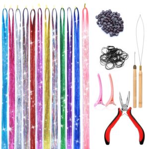 waysear 12 colors hair tinsel for girls, 47 inches hair tinsel kit with tool, 2400 strands tinsel hair extensions for women, fairy hair tinsel glitter sparkling shiny hair for christmas party