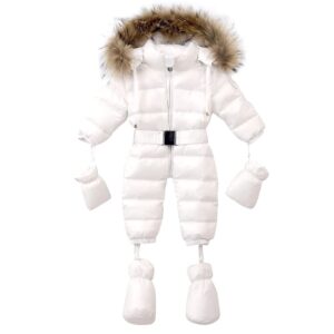 y·j back home waterproof down filled white snowsuit baby girl boy unisex snow coat hooded with fur winter jacket 12-18 months