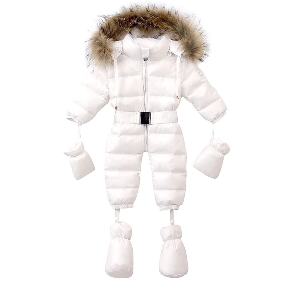 Y·J Back home Waterproof Down Filled White Snowsuit Baby Girl Boy Unisex Snow Coat Hooded With Fur Winter Jacket 12-18 Months