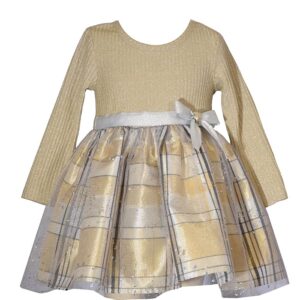 Bonnie Jean Holiday Christmas Dress - Gold Knit Plaid Dress, Gold, 4