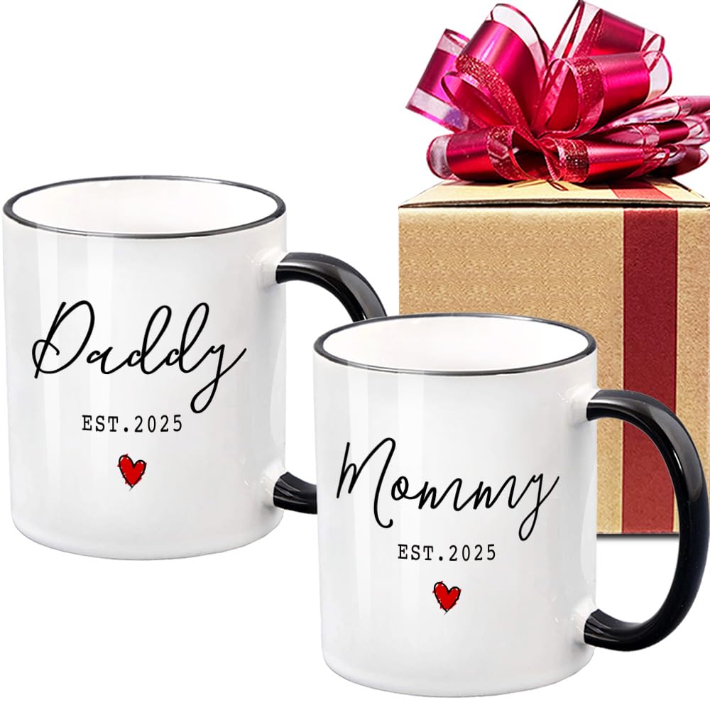 New Daddy & Mommy Est 2025 Coffee Mugs Set of 2, First Time Mommy Daddy Gift Prospective Parents Mugs Gift, New Parents Gift, Pregnancy Announcement Baby Reveal Mug (Black handle)-56