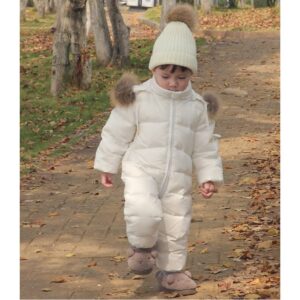 Y·J Back home Waterproof Down Filled White Snowsuit Baby Girl Boy Unisex Snow Coat Hooded With Fur Winter Jacket 12-18 Months