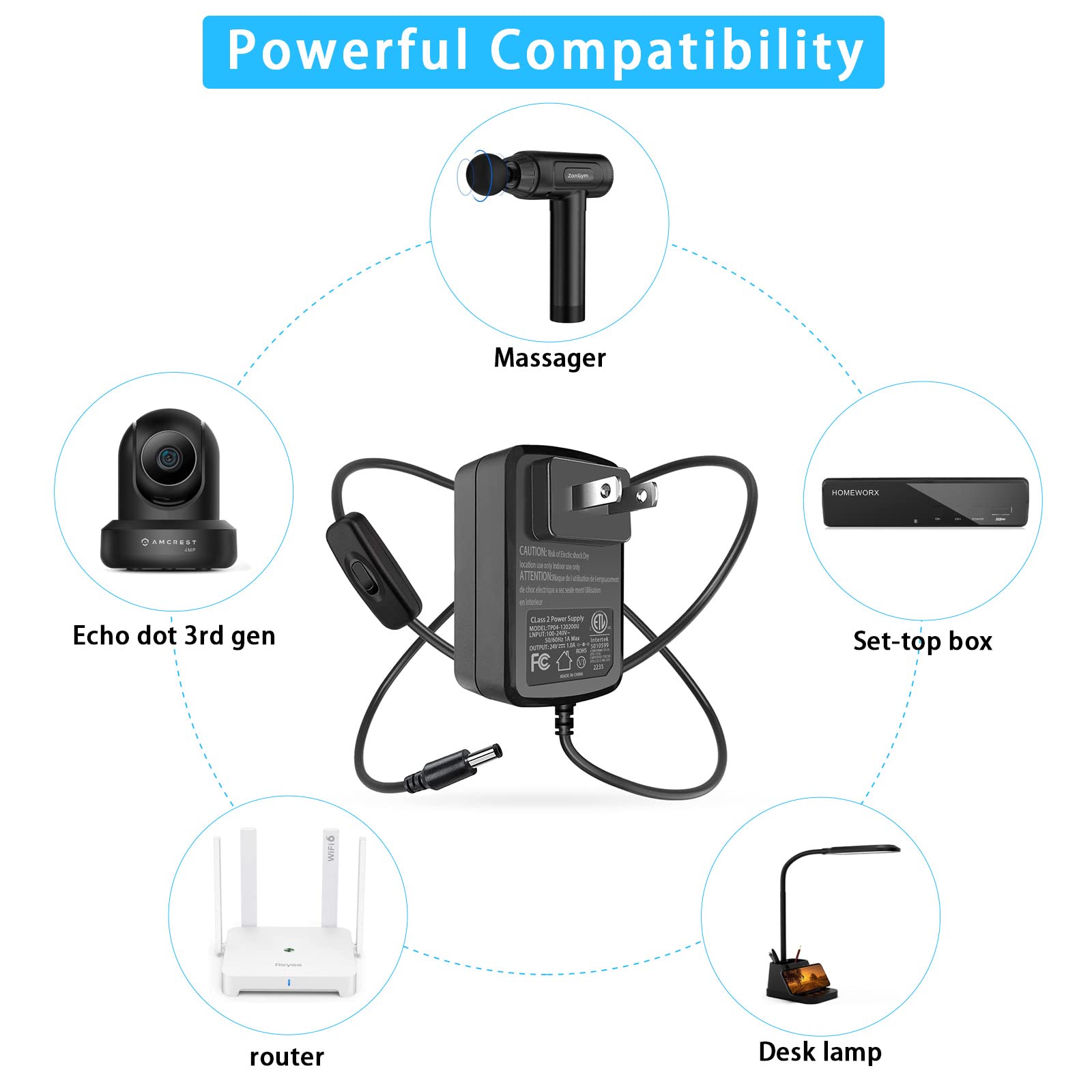 24V 1A Switching Power Supply Adapter, 100~240V AC to DC 24 Volt 1000mA 800mA 500mA 200mA Converter with 5 Tips for LED Strip Light CCTV WiFi Camera Essential Oil Diffuser