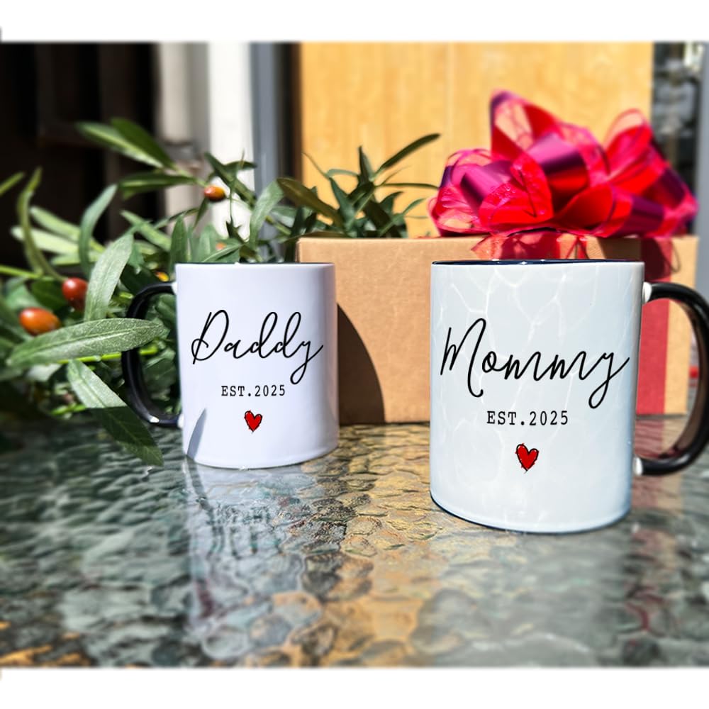 New Daddy & Mommy Est 2025 Coffee Mugs Set of 2, First Time Mommy Daddy Gift Prospective Parents Mugs Gift, New Parents Gift, Pregnancy Announcement Baby Reveal Mug (Black handle)-56