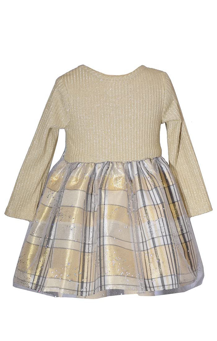 Bonnie Jean Holiday Christmas Dress - Gold Knit Plaid Dress, Gold, 4