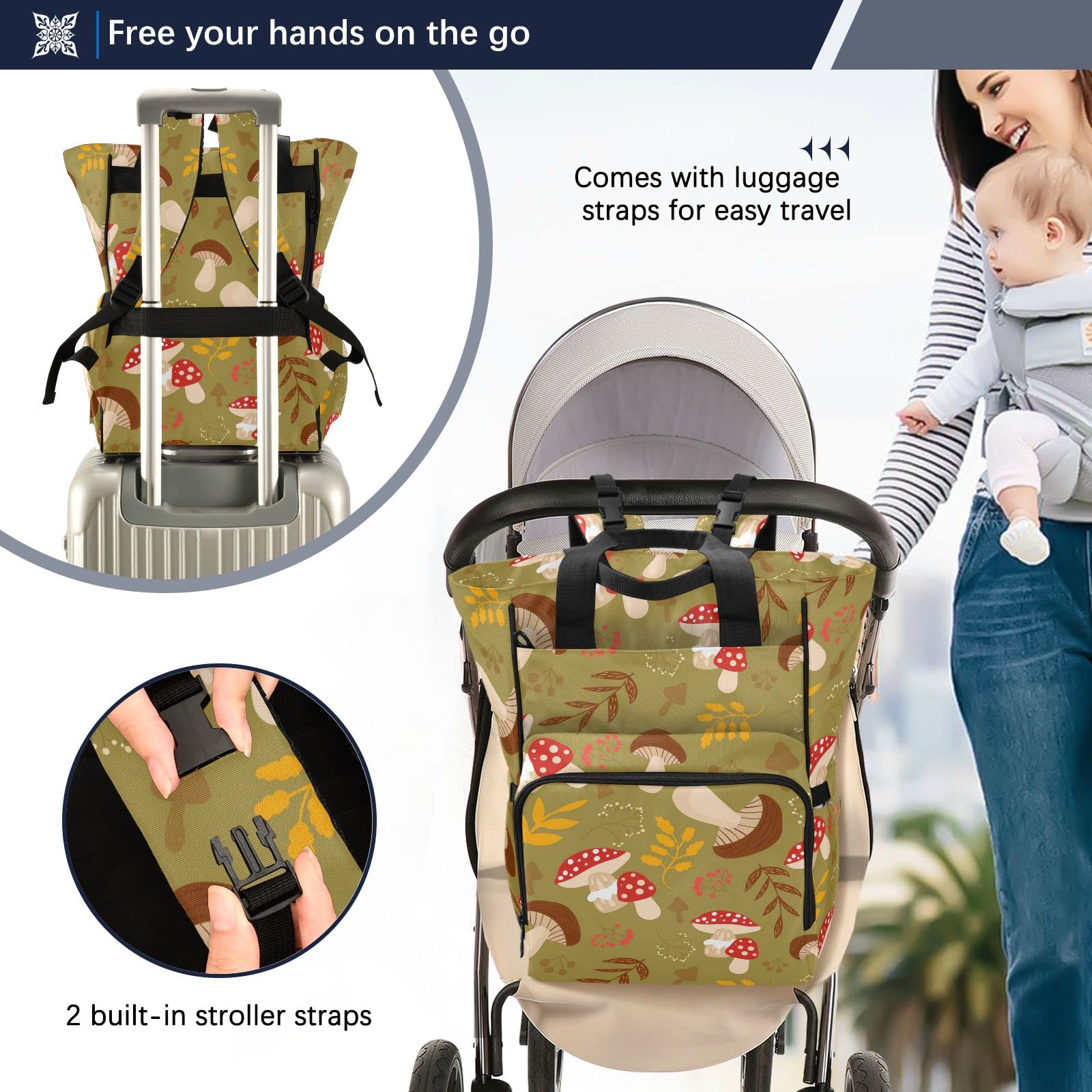 Vnurnrn Baby Diaper Bag Backpack, Portable Baby Bag for Boys Girls, Large Multifunction Travel Baby Changing Bag with Stroller Straps and Insulated Pockets, (Mushroom Pattern)