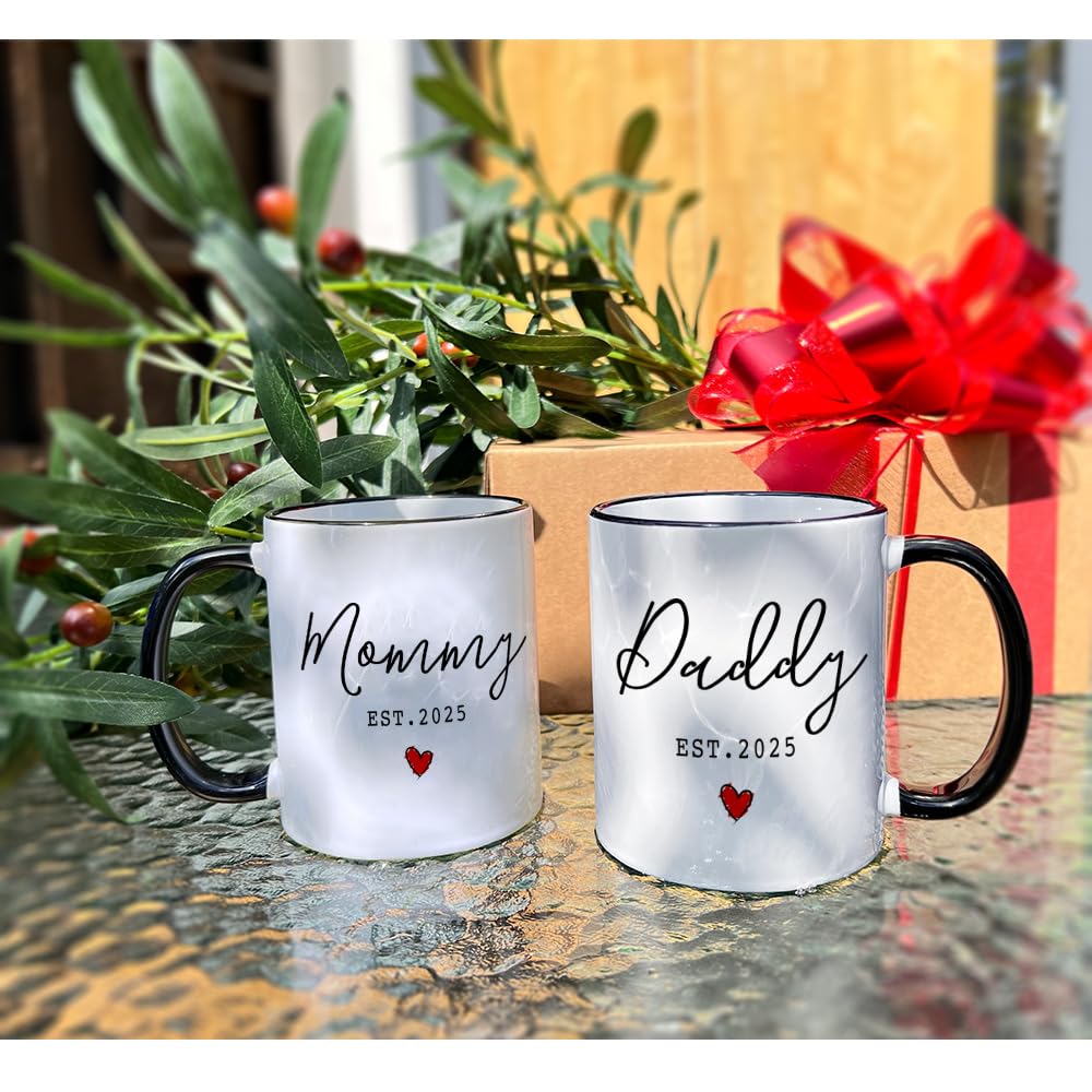 New Daddy & Mommy Est 2025 Coffee Mugs Set of 2, First Time Mommy Daddy Gift Prospective Parents Mugs Gift, New Parents Gift, Pregnancy Announcement Baby Reveal Mug (Black handle)-56