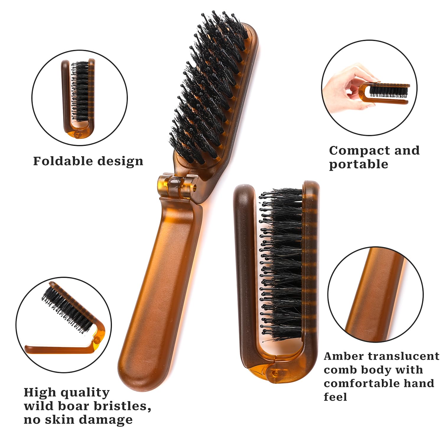 Sliverdew Hair Brush, Foldable Mini Boar Bristle Travel Hair Brush for Women and Men, Small Mini Compact Hairbrush Pocket Size Comb for Any Hairstyles, Restore Hair Shine, Beard Brush