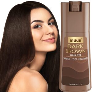 muun dark brown hair dye shampoo - 3-in-1 ammonia free hair color shampoo for gray hair coverage for women and men in minutes with herbal natural ingredients 400ml